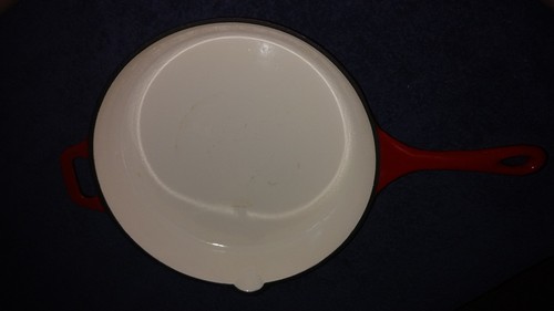 TECHNIQUE CAST IRON RED WHITE ENAMEL FRY PAN SKILLET 2 HANDLED FRYING ...