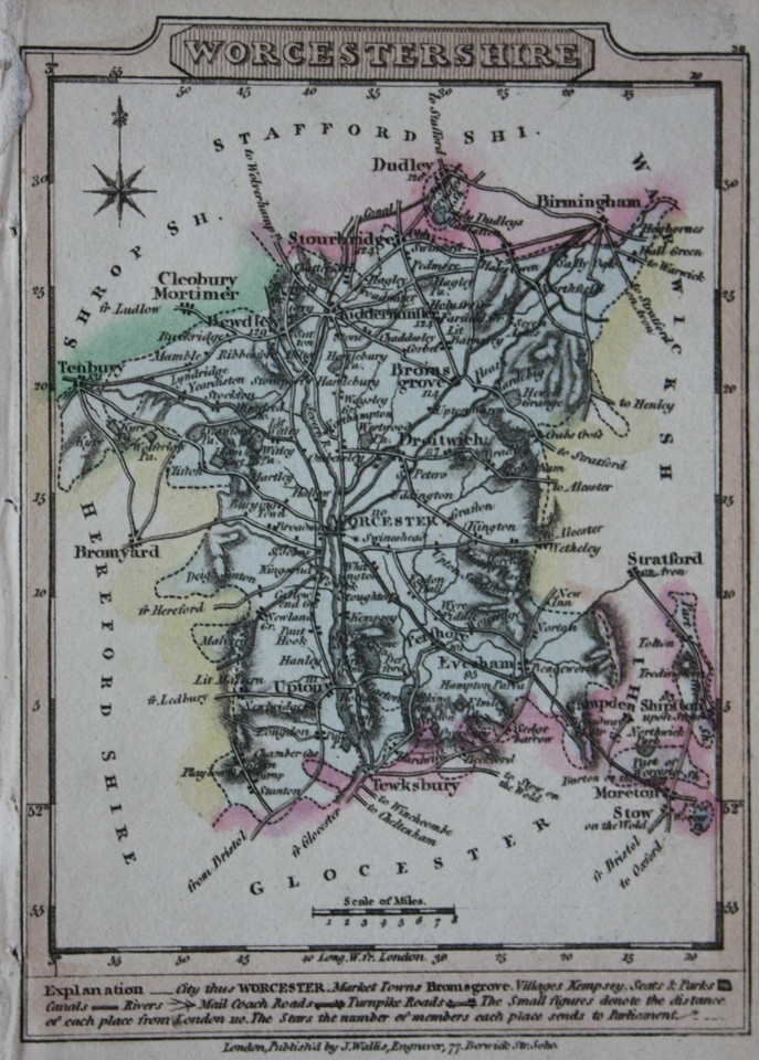 Original antique map, WORCESTERSHIRE, DROITWICH, EVESHAM, J. Wallis c ...