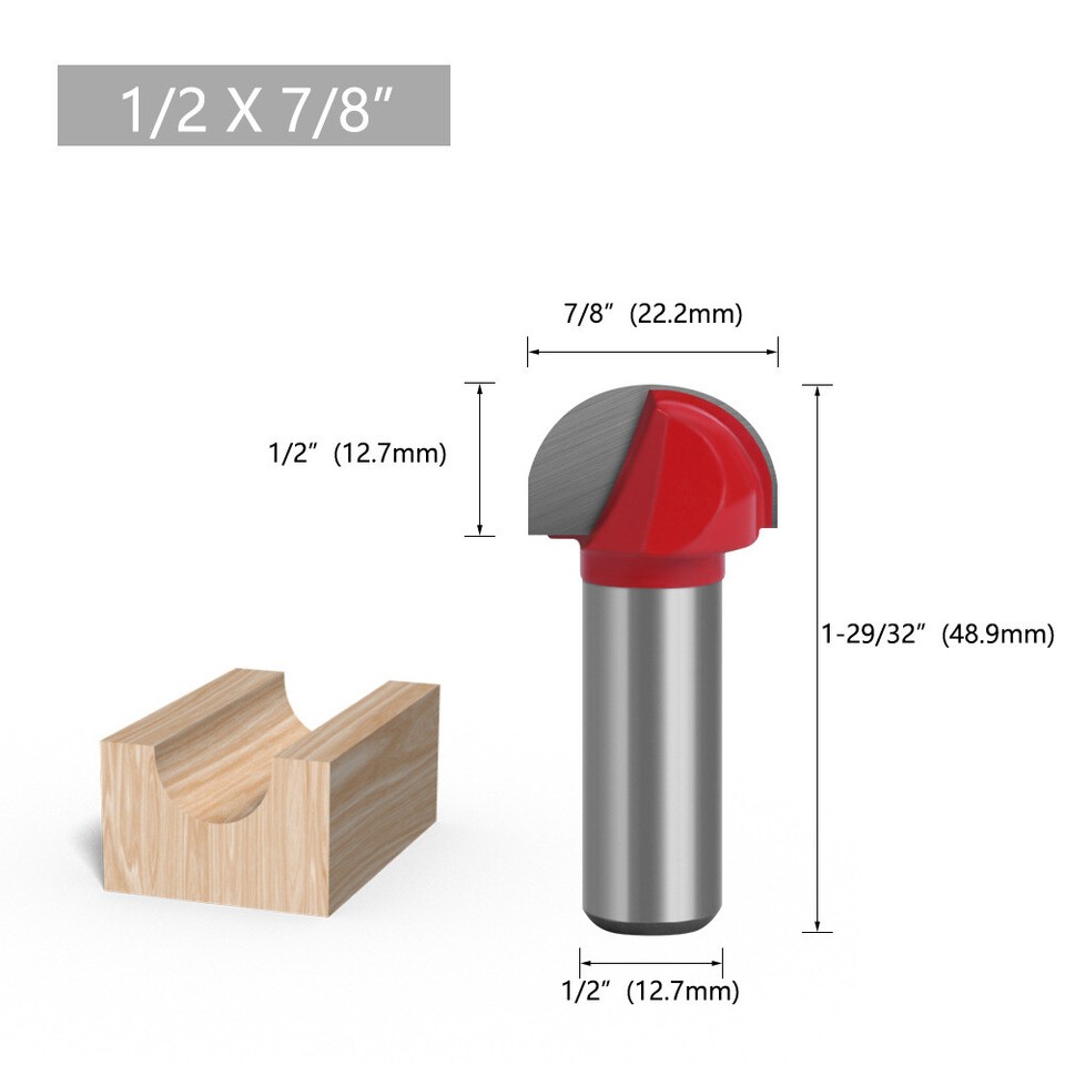 1/2"(12.7mm) Shank Core Box Router Bit Set Round Nose Cove Cutter 1/4 ...