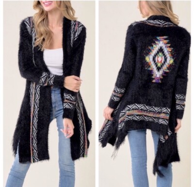 Aztec Print Long Sleeve Cotton Long Sleeves Fringe Cardigan Bohemian ...