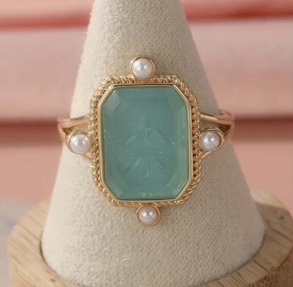 Museum Edwardian Intaglio Ring Size 6 Green Pearl Gold Cameo Flower Aqua Blue | eBay