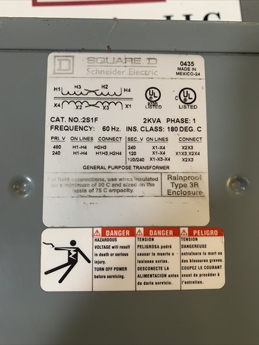 SQUARE D CAT 2S1F GENERAL PURPOSE TRANSFORMER PHASE 1 Type 3R Enclosure ...