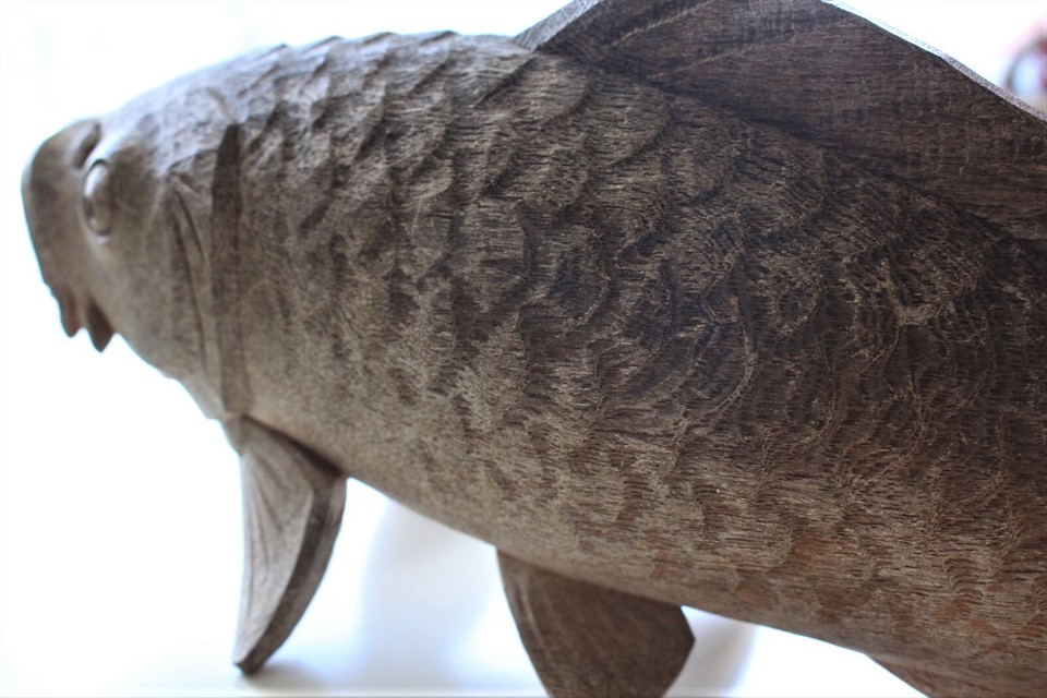 1969 Japanese "Playful Carp" Wood Sculpture Art Object signed by Nitten ...