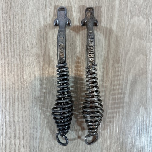 2 Antique Cast Iron Wood Stove Oven Plate Lid Lifters w/ Spring Handles ...