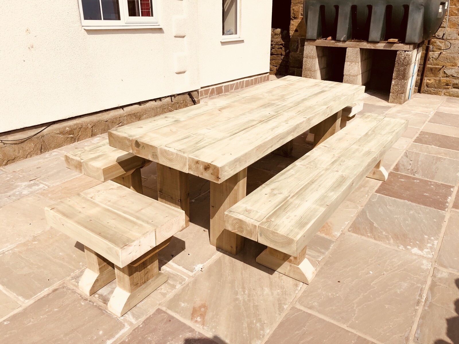 Rustic Sleepers Solid Sleeper Outside Table And 4 Benches /Garden ...