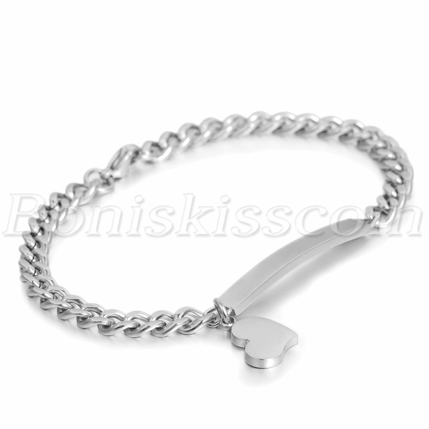 Women's Polished Stainless Steel Love Heart Charm Bracelet Chain Bangle ...