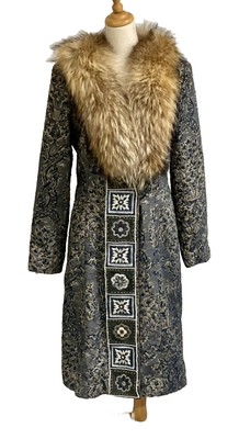 Double D Ranch Teal Blue Tapestry Duster Coat w Detachable Fur Collar M ...