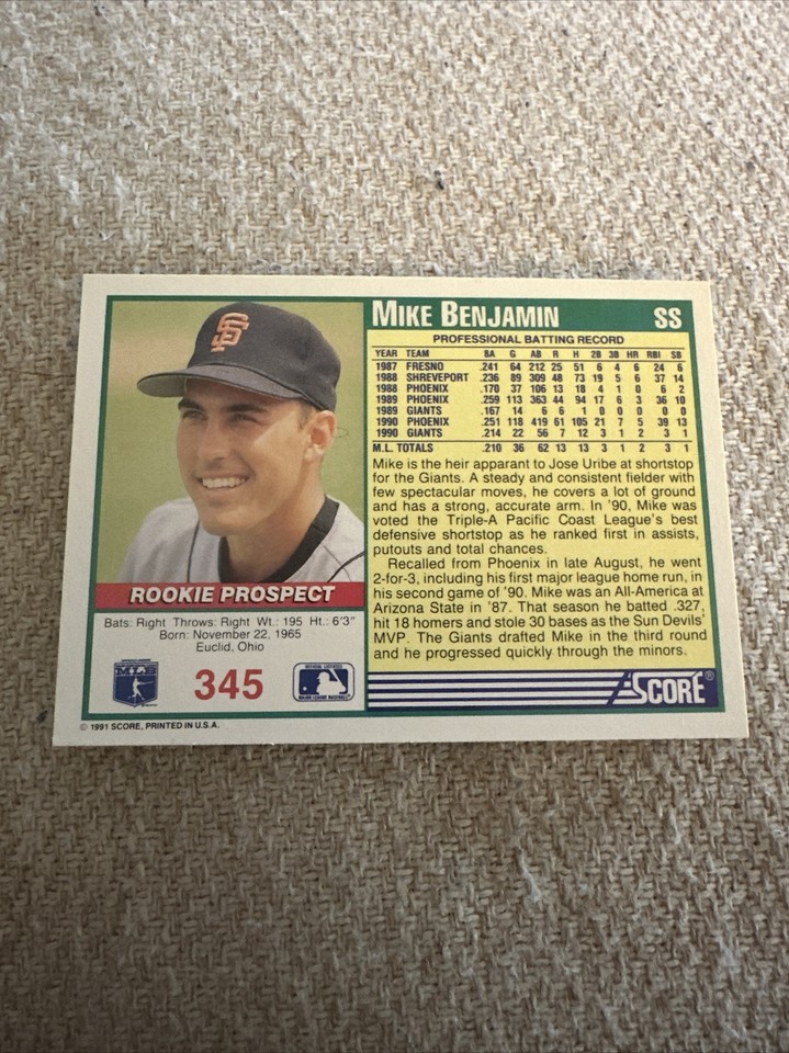1991 Score Mike Benjamin #345 Rookie Prospect San Francisco Giants MLB ...