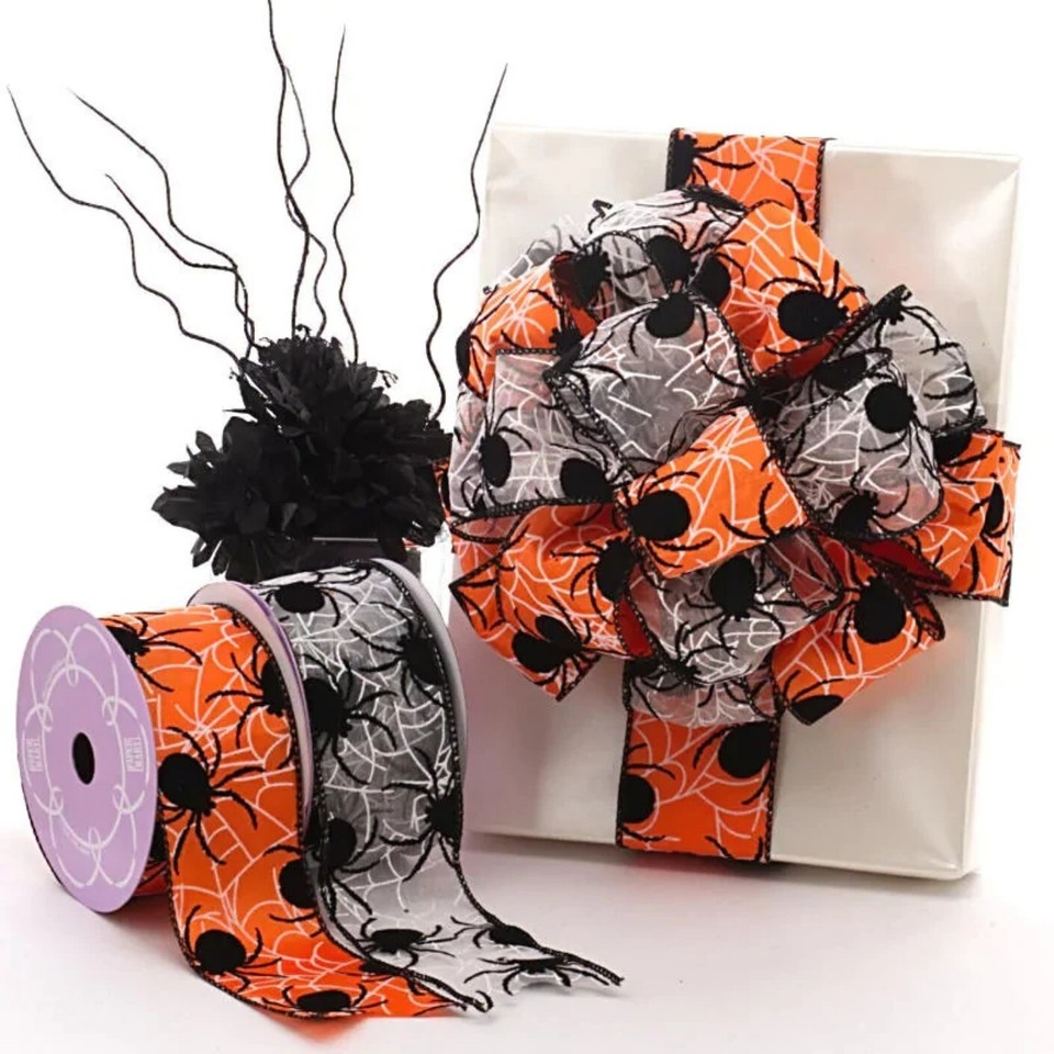 $8 for 10 yards 2.5" Halloween Ribbon Holiday Sheer Spider 👻 black Bow ...