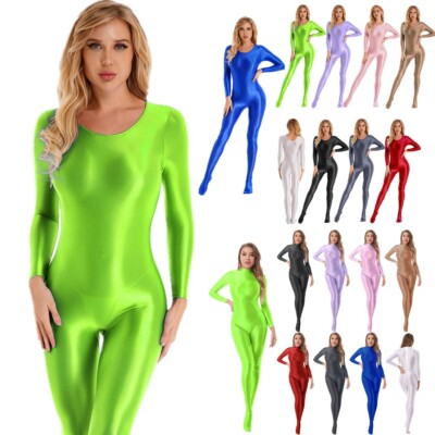 Women Glossy Oily Bodysuit Stretchy Unitard Long Sleeve Jumpsuits ...