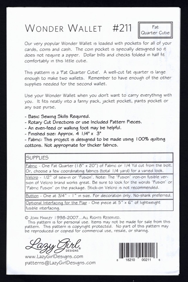 WONDER WALLET, Lazy Girl Designs Sewing Pattern 211 | eBay