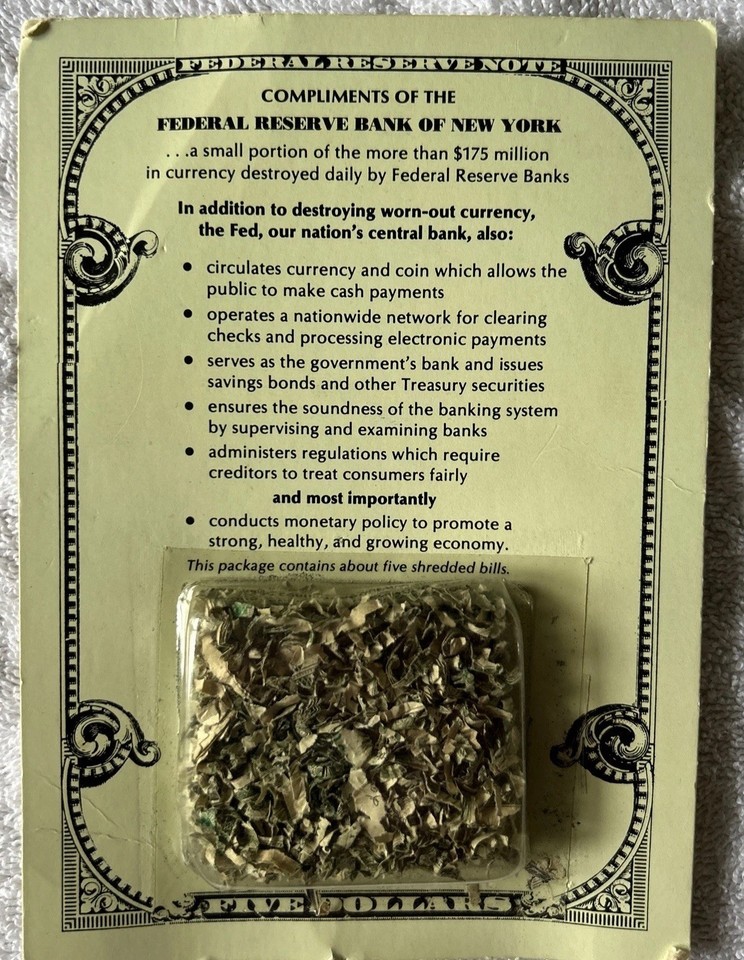 Federal Reserve Bank Of New York 5 Shredded Bills Circa 1990 Rare In ...