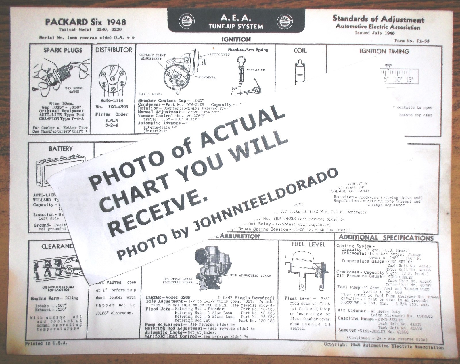 1948 Packard SIX Series Taxicab 2240 & 2220 Models AEA Tune Up Chart | eBay