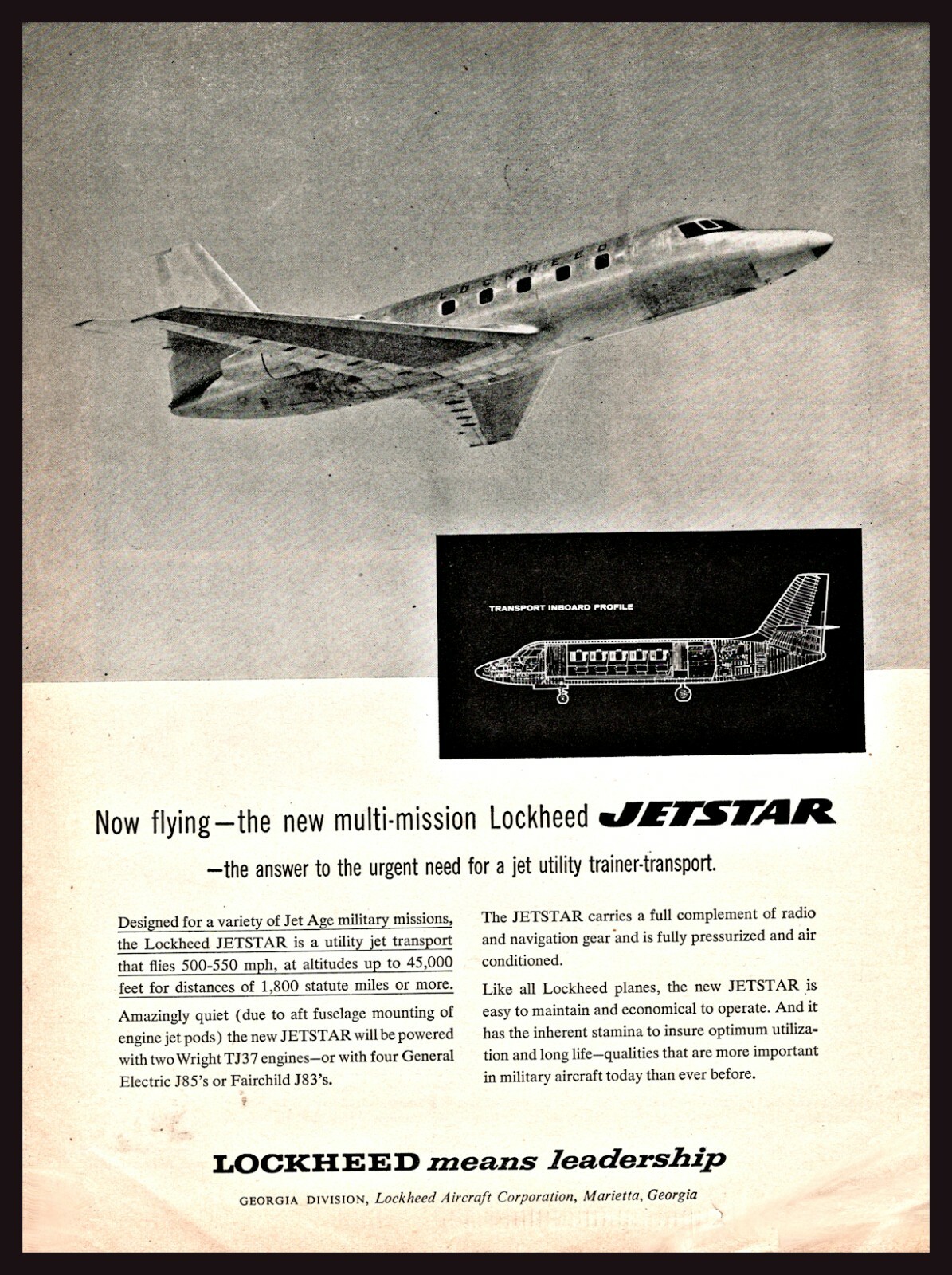1958 LOCKHEED Jetstar Utility Jet Transport Aircraft Vintage Plane ...