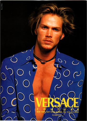 1997 Versace Couture Print Ad Male model styled hair blue shirt undone ...
