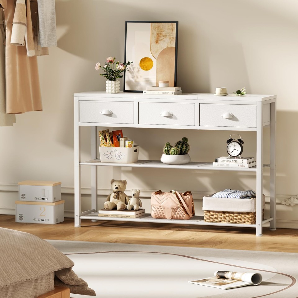 Furologee White Entryway Table, 38 Console Sofa Table with 3 Fabric ...