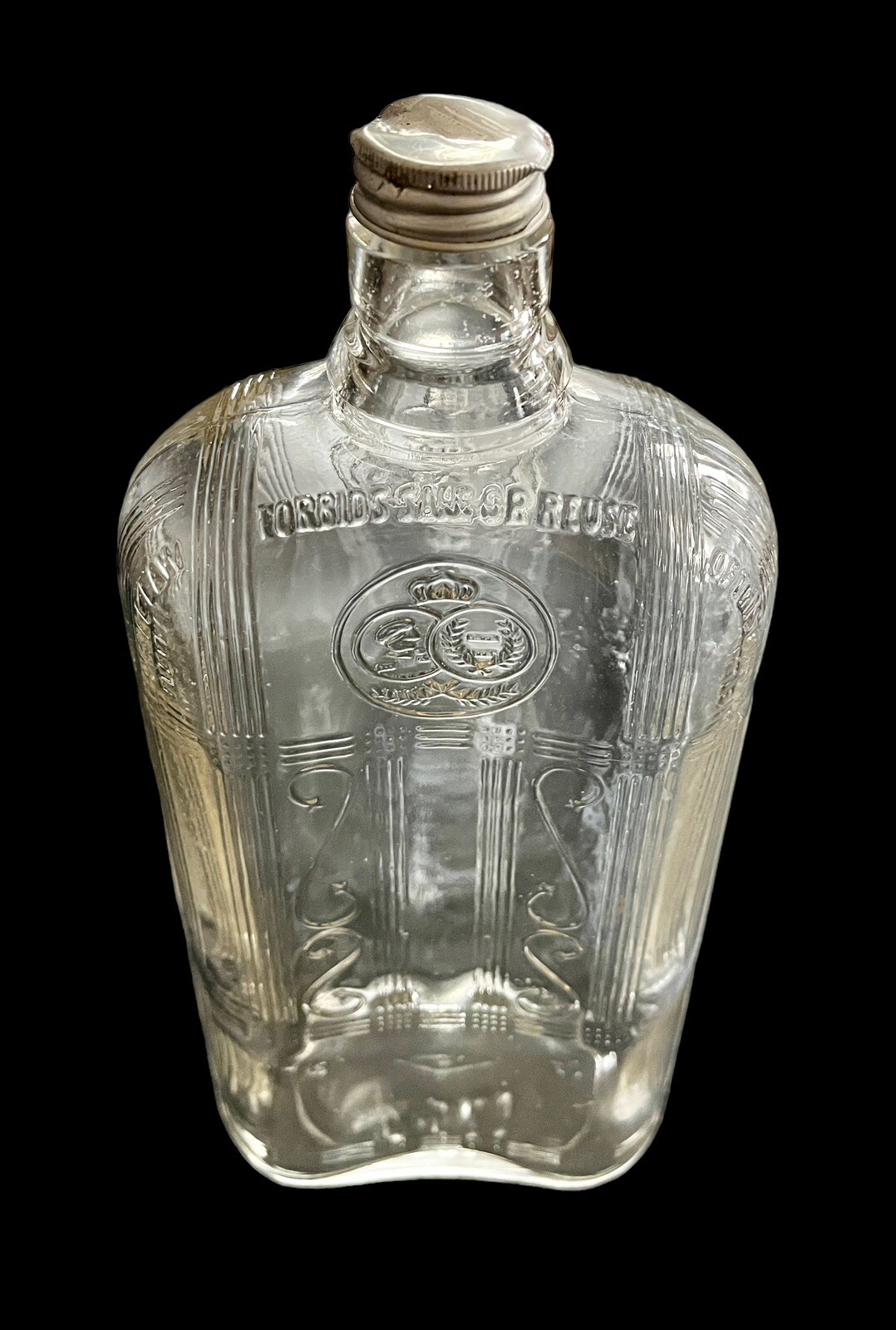 Vintage 1930s Clear Glass Whiskey Liquor Bottle 1 Quart w Lid Etched 10 ...