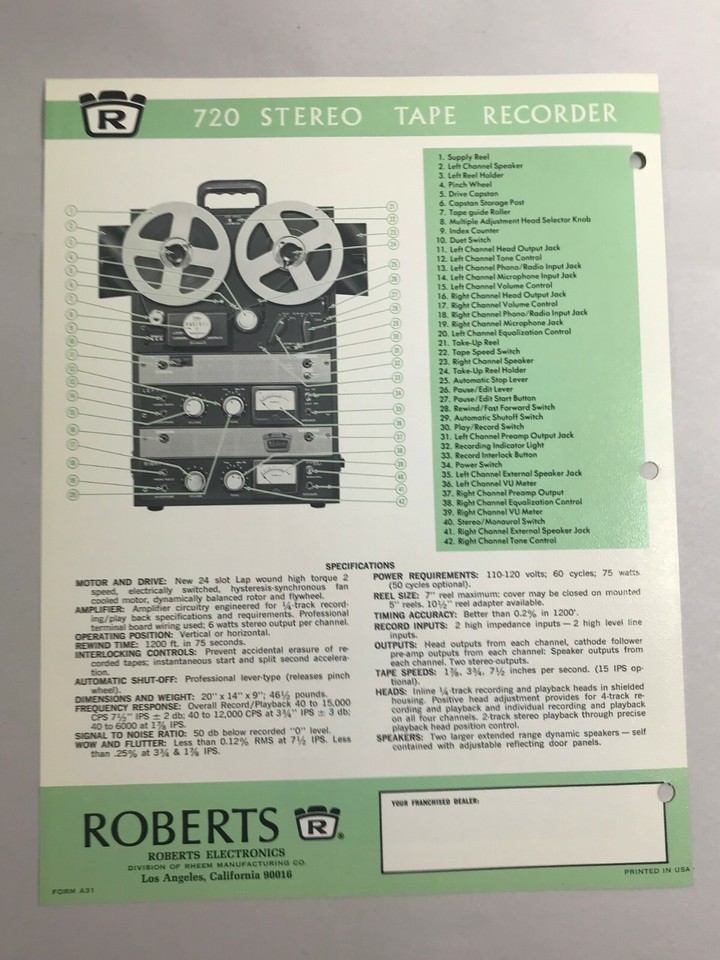 Vintage Early 1960's ROBERTS 720 Stereo Tape Recorder Sales Brochure | eBay