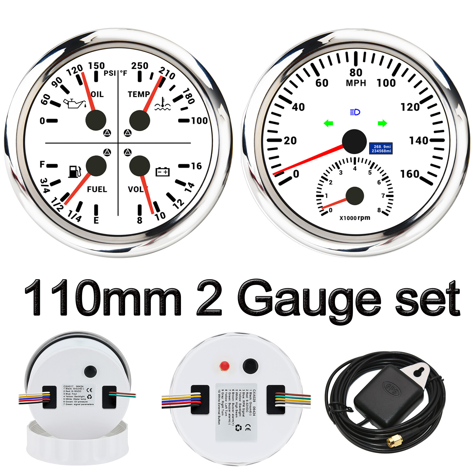 110mm GPS Speedometer 0-160MPH with Tachometer 8000RPM & 110mm 4 in 1 ...