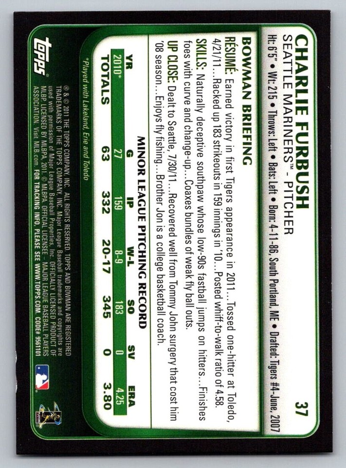 2011 Bowman Draft Picks & Prospects Rookie Card RC Charlie Furbush ...