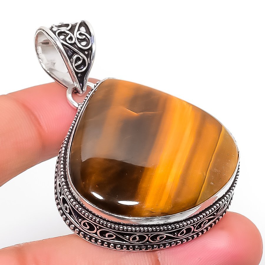 Tiger Eye Gemstone 925 Silver Handmade Ethnic Jewelry Pendant 1.97" | eBay