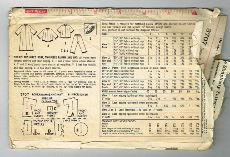 Robe Pajamas Hat Girls Pattern Simplicity 3707 1950's Vintage Size 8 | eBay