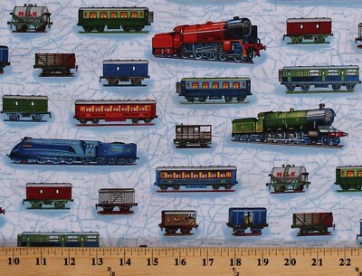 Cotton Trains Railroads Boxcars Railway Cotton Fabric Print by the Yard ...