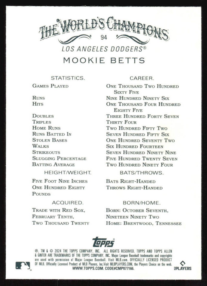 2024 Topps Allen & Ginter Mookie Betts #94 Chrome Parallel Dodgers | eBay