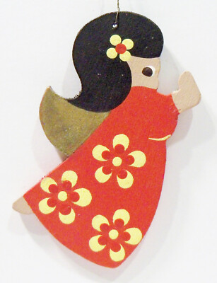 Emgee Hawaii Red Muumuu Angel Girl Wooden Wood TLC Missing Lei Vintage ...