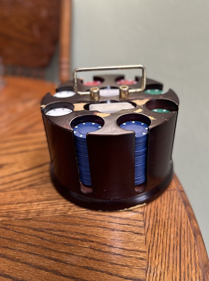 Vintage Dark Wood Poker Chip Caddy Carousel with Chips And Decks | eBay
