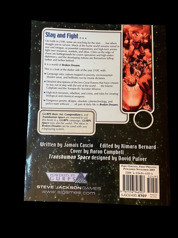GURPS Transhuman Space Broken Dreams RPG Steve Jackson Games SJG 1st ...