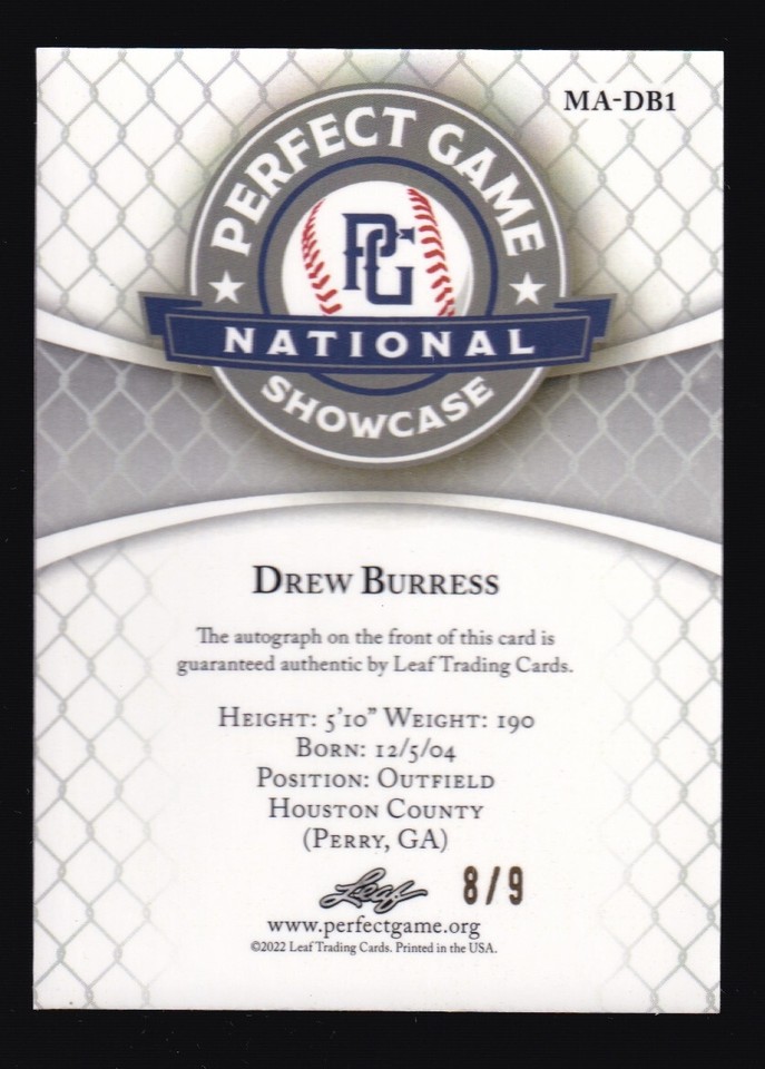 2022 Leaf Perfect Game Metal DREW BURRESS 🔥 Auto /9 Silver Wave | eBay