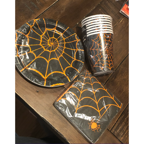 NWT HALLOWEEN PARTY Bundle Dessert Plates Napkins Cups Set Spider Web ...