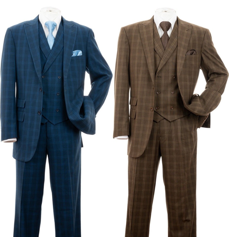 Men's Luxurious Wool Feel SUIT 3-PC w/ VEST Plaid/ChecksDesign ...
