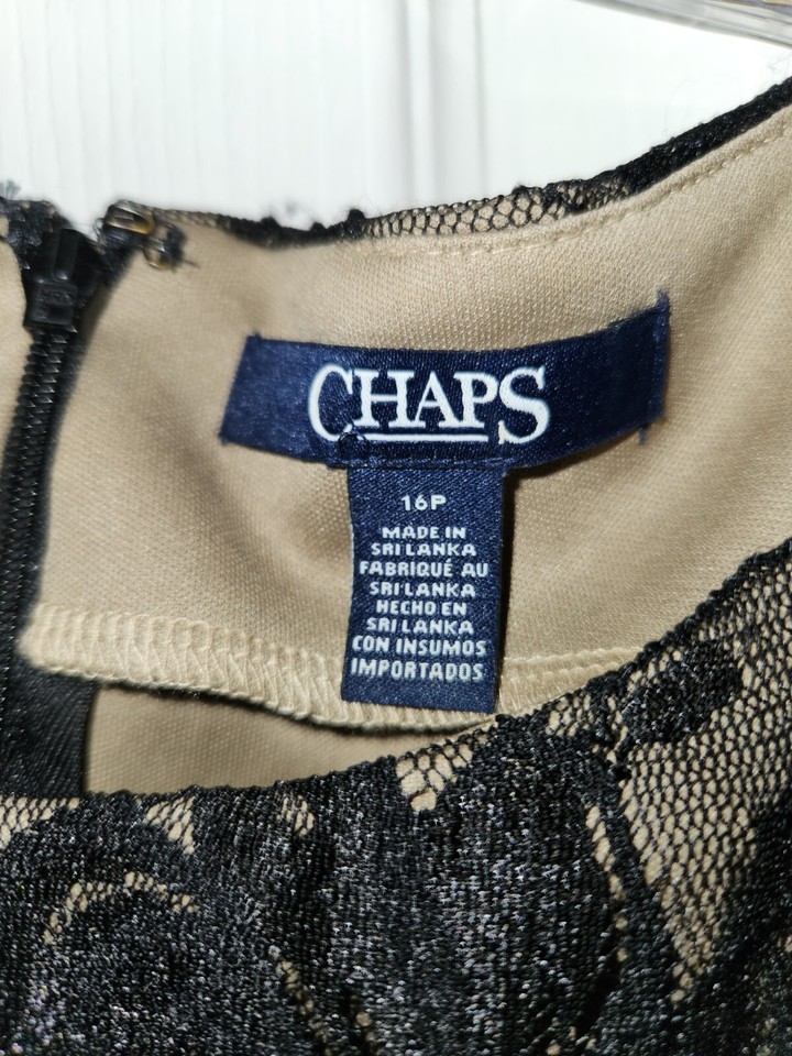 Chaps Black Lace Overlay Beige Dress Sleeveless Stretch Ruching 16P | eBay