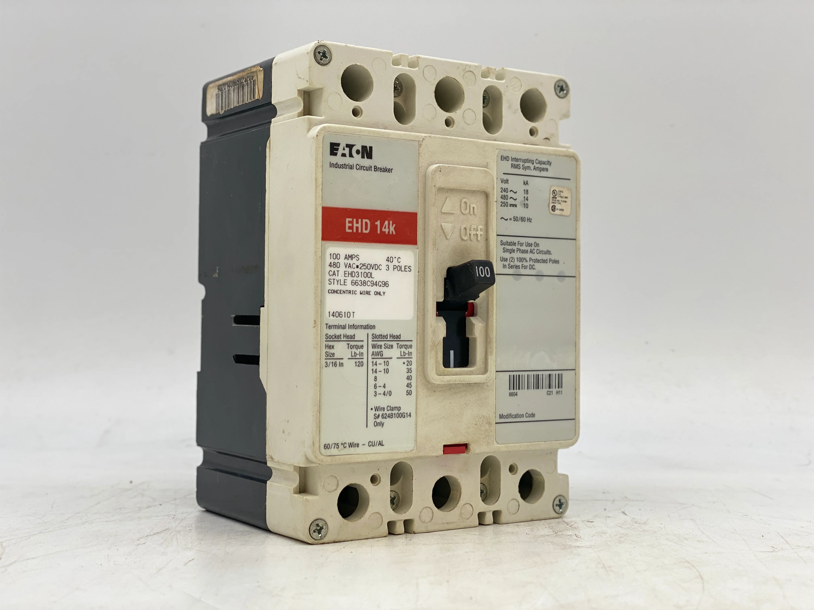 Eaton EHD3100L Circuit Breaker 100A 480VAC 250VDC 3-P (Used) | eBay