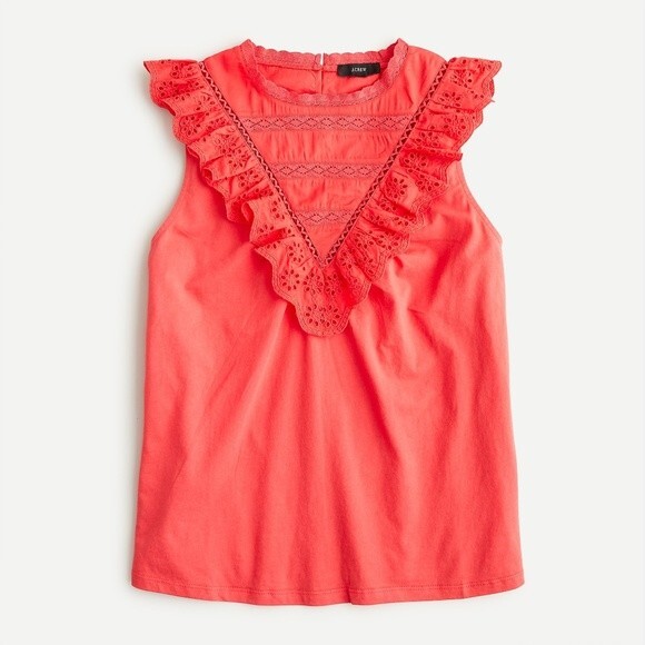J Crew Eyelet Cotton Ruffle Front Tank Top in Faded Poppy | eBay