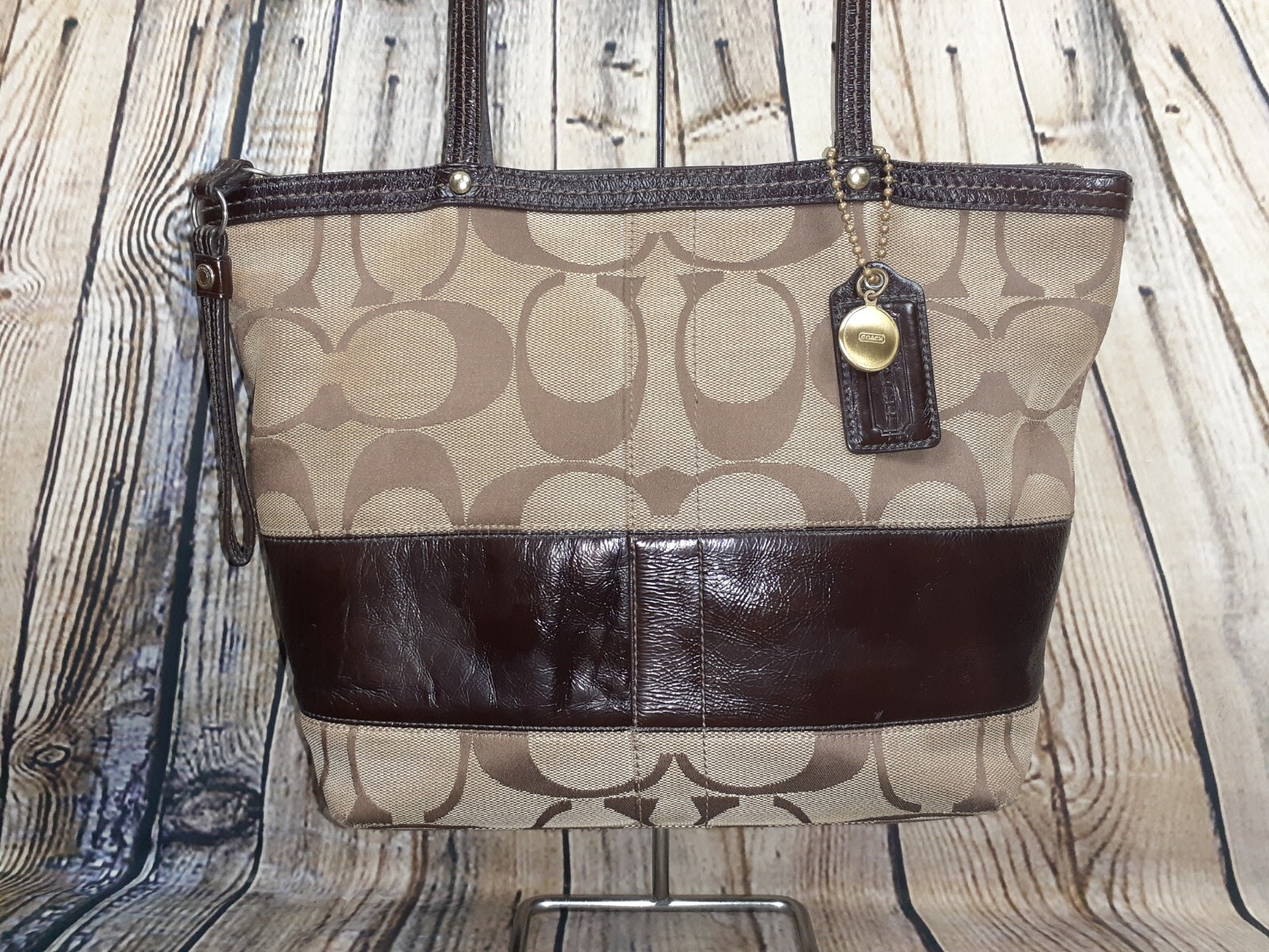Coach Purse Signature C Brown Patent Stripe Tote Shoulder Bag F0868 ...