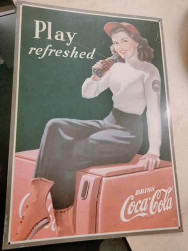 Vintage Coca Cola Baseball Themed "Play Refreshed" Metal Sign 1998 16.5 ...