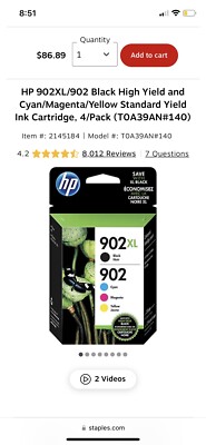 HP 902XL/902 Black High Yield and Cyan/Magenta/Yellow Standard Yield ...