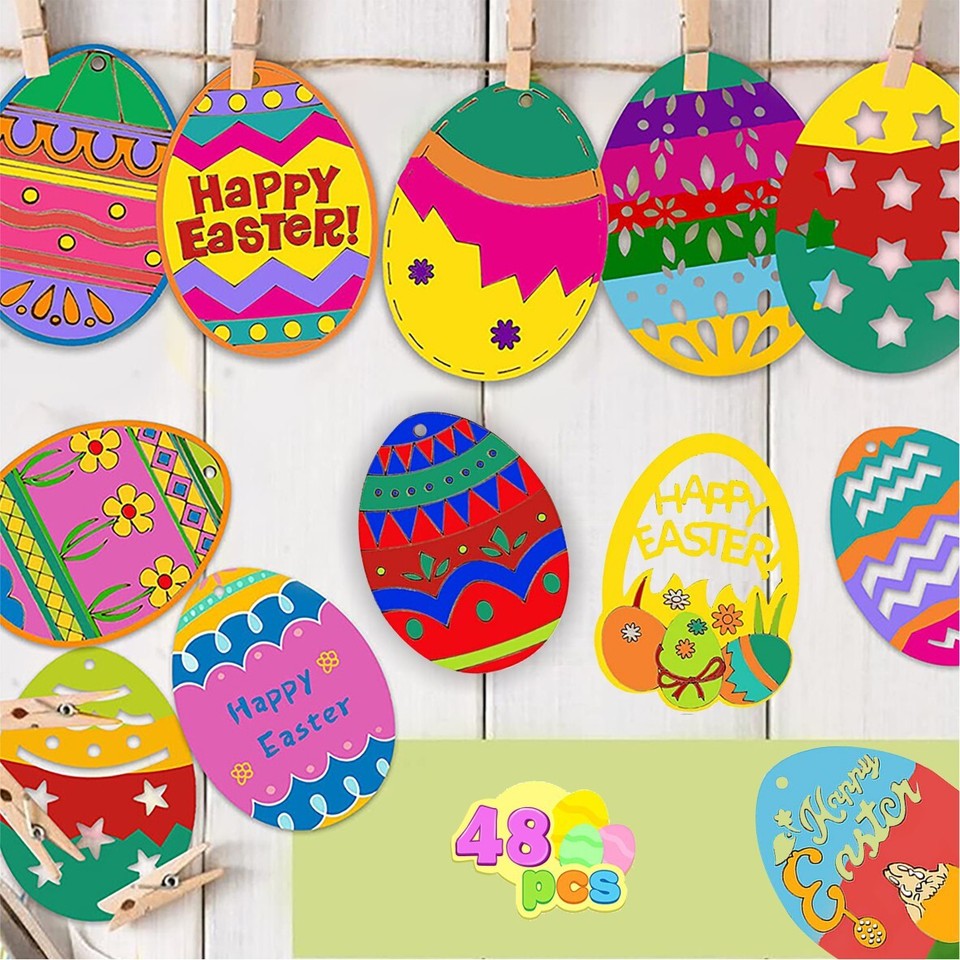 48PCS Wooden Drawing DIY Craft Easter Eggs gifts kids Wood Chips Slice ...