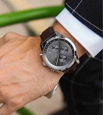 NEW BOSS MENS WATCH BROWN LEATHER STRAP WITH GREY DIAL HB1513476 ...