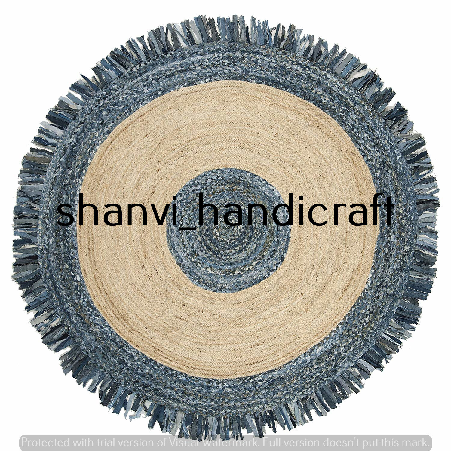Reversible Round Braided Natural & Multi Colour Jute Denim Cotton Rug ...