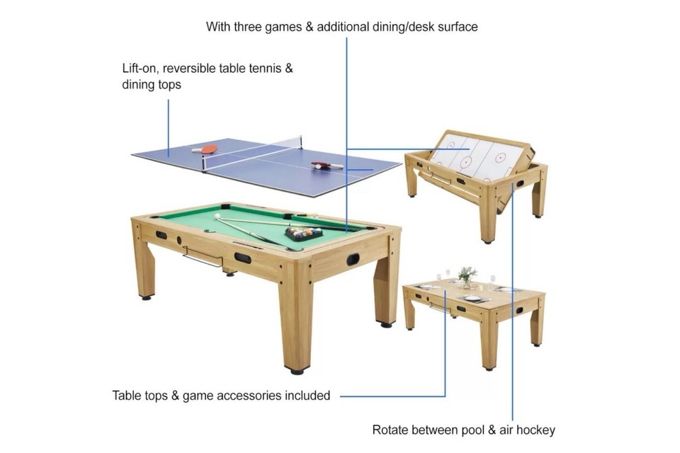 Pureline 7ft Multi Games & Dining Table Oak Pool Table Tennis Air ...