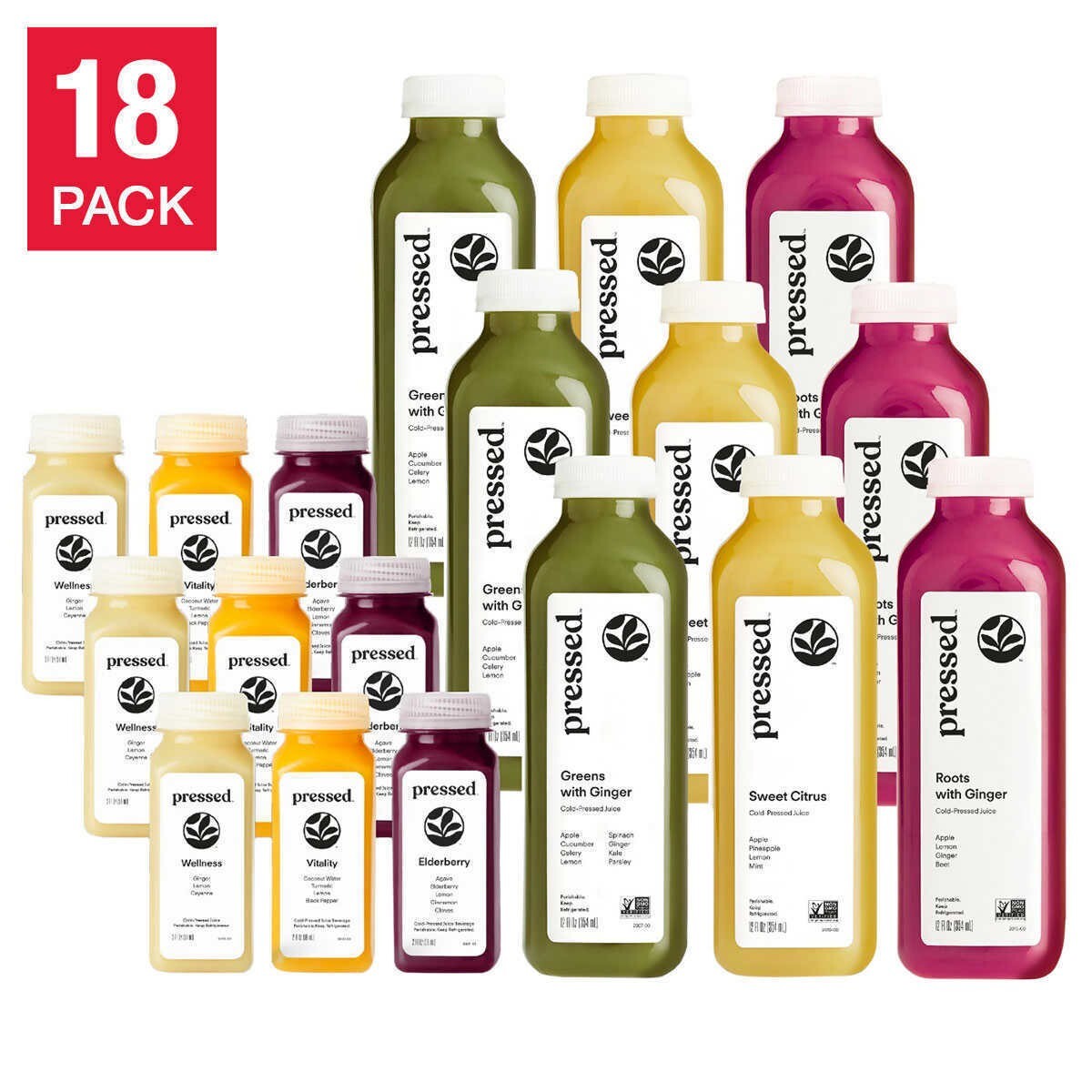 Pressed Cold-Pressed Juice & Shot Bundle 9 Juices & 9 Shots (18 pack ...