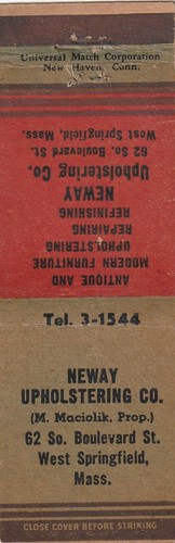 MATCHBOOK COVER - NEWAY UNHOLSTERING - WEST SPRINGFIELD MASSACHUSETTS ...