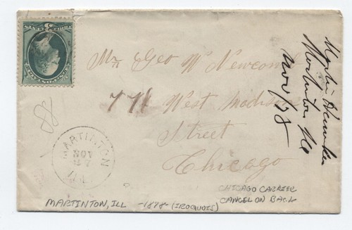 1878 Martinton IL 3ct banknote cover to chicago carrier backstamp [H ...
