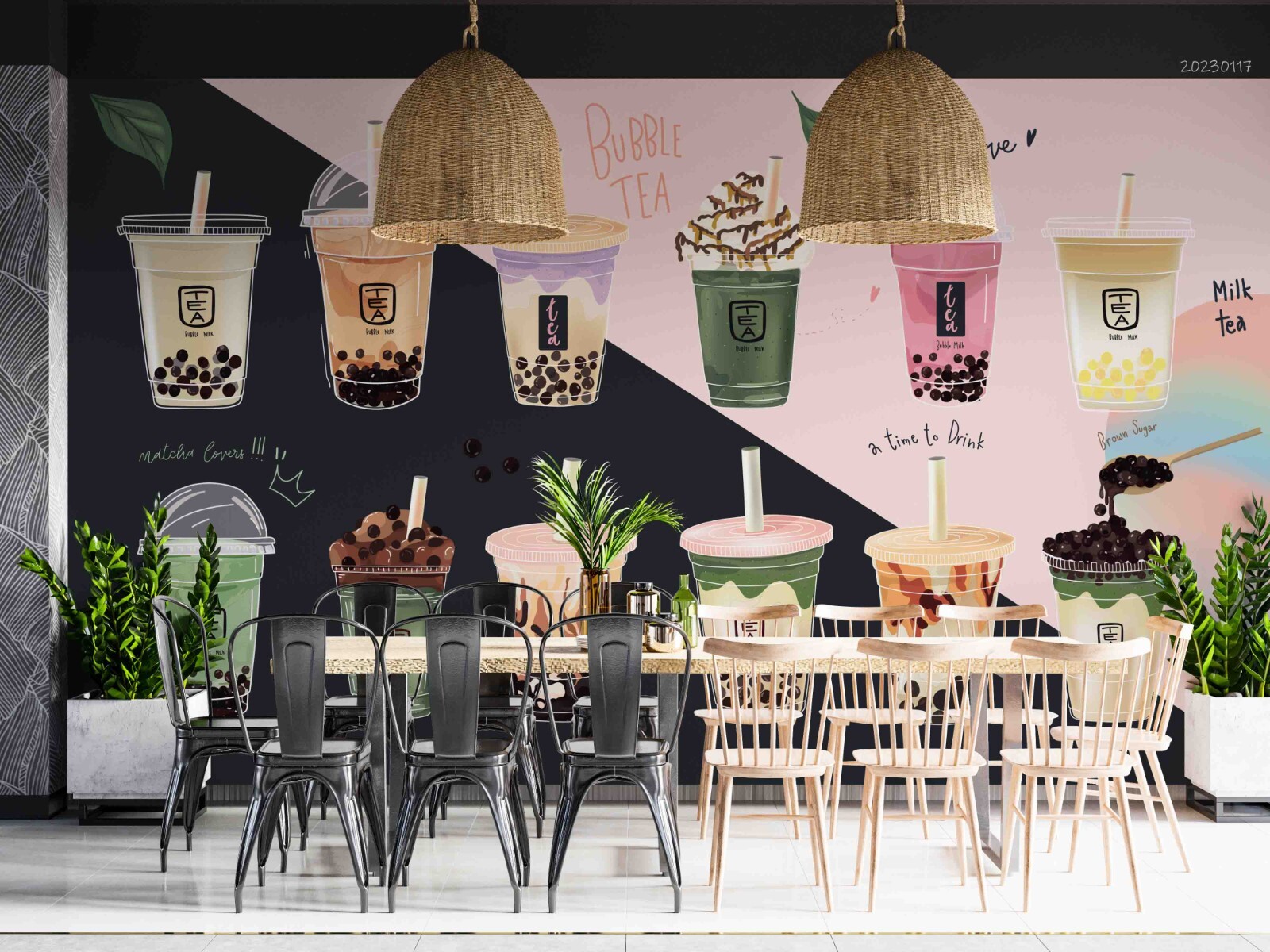 3D Bubble Milk Tea Shop Self-adhesive Removable Wallpaper Murals Wall ...