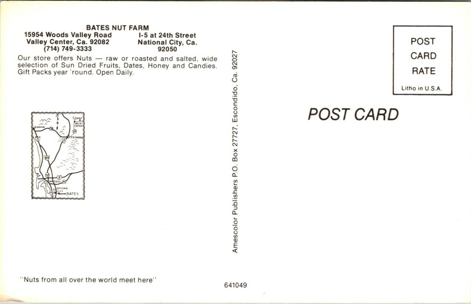 Postcard CA Valley Center/National City; Bates Nut Farm; A Nutty Good ...