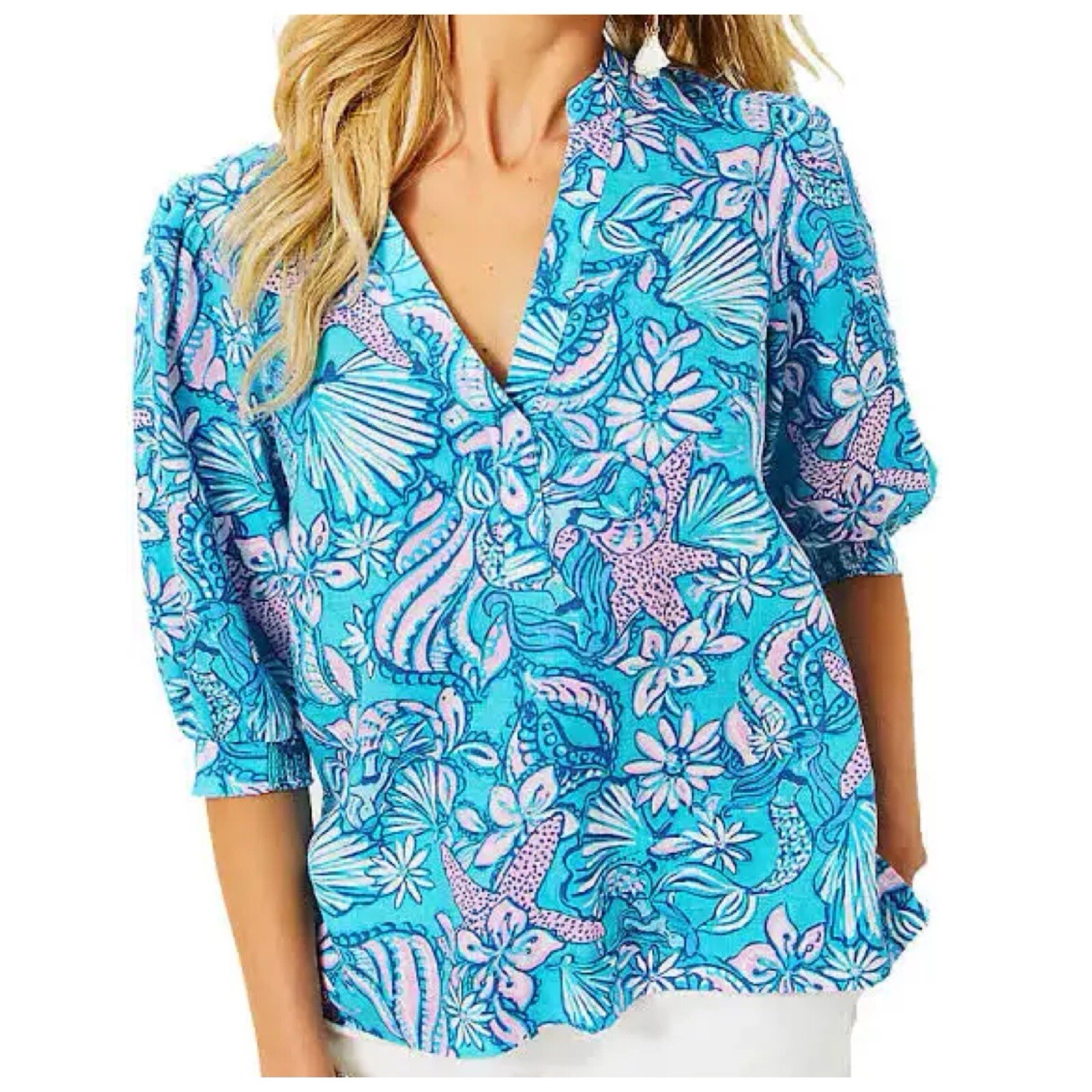 Lilly Pulitzer Maleigh Elbow Sleeve Linen Top in Amal… - Gem